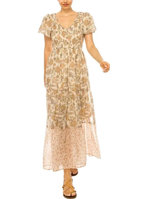 A COLLECTIVE STORY Floral Puff Sleeve Tiered Chiffon Maxi Dress - Natural