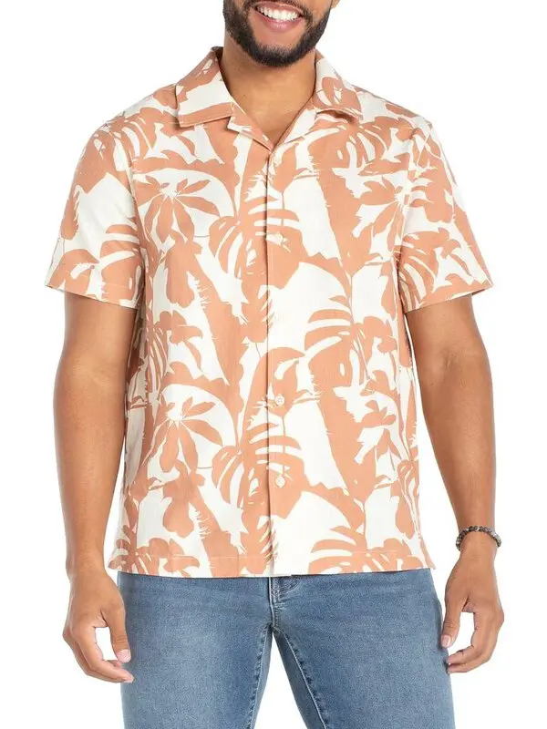 LIVERPOOL Tropical Print Cotton & Linen Camp Shirt - Clay Multi