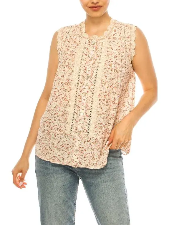 A COLLECTIVE STORY Disty Floral Lace Trim Top - Natural