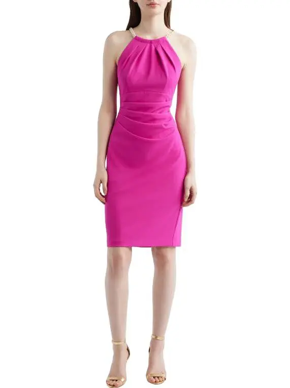 Eliza J Sleeveless Pleated Neck Sheath Dress - Berry