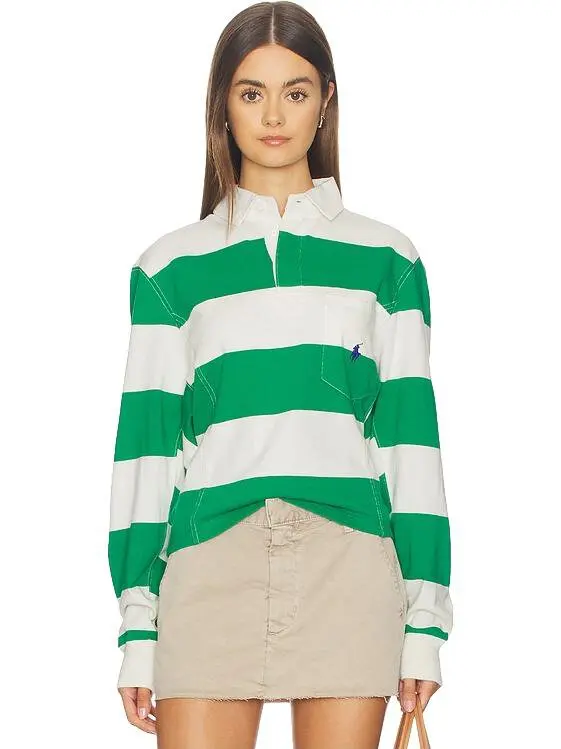 Polo Ralph Lauren Vintage Long Sleeve Polo Top - Billiard Green & Deckwash White