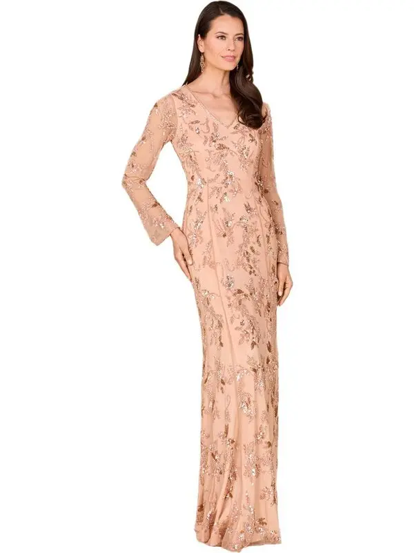 LARA NEW YORK Beaded Long Sleeve Full-length Dress - Champagne Rose