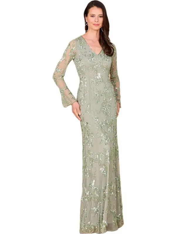 LARA NEW YORK Beaded Long Sleeve Full-length Dress - Dusty Mint