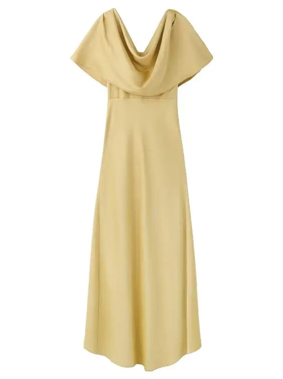 Mango Drape Neck Satin Maxi Dress - Beige