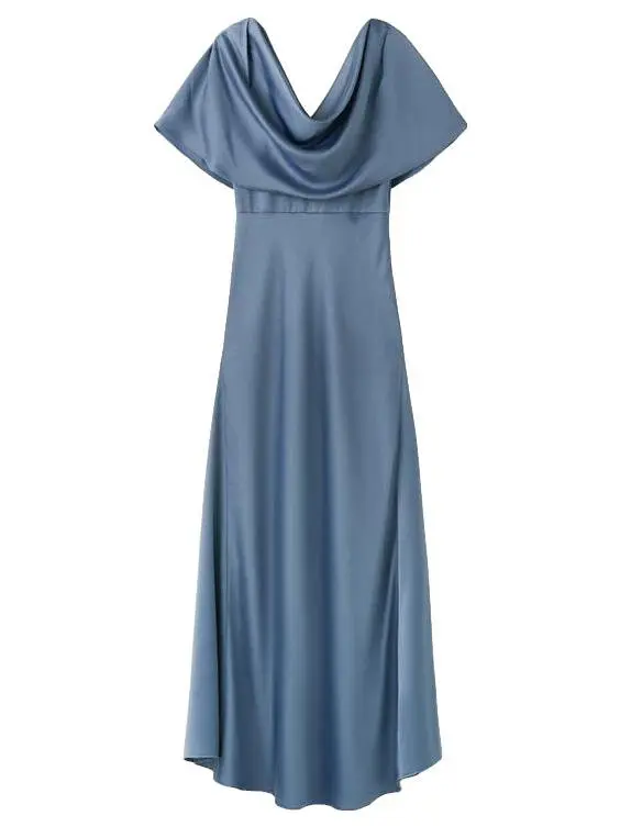 Mango Drape Neck Satin Maxi Dress - Charcoal