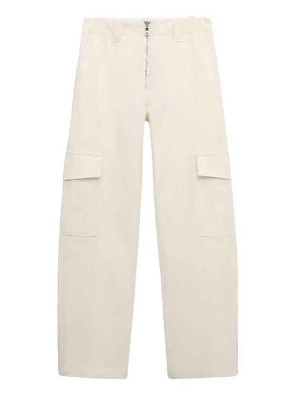 Mango Straight Leg Stretch Cotton Cargo Trousers - Ecru