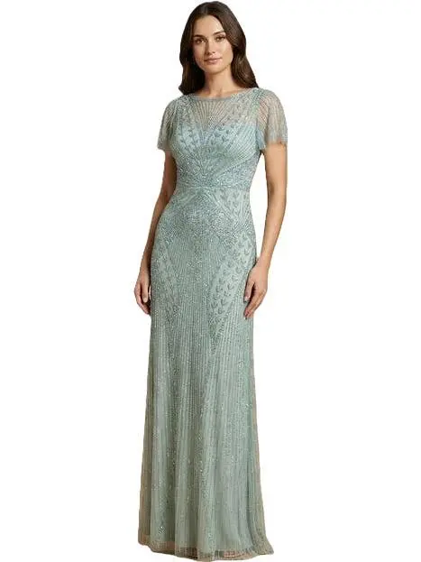 LARA NEW YORK Beaded Flutter Sleeve Gown - Dusty Green