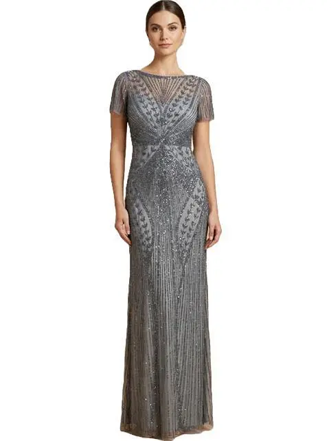 LARA NEW YORK Beaded Flutter Sleeve Gown - Mid Grey