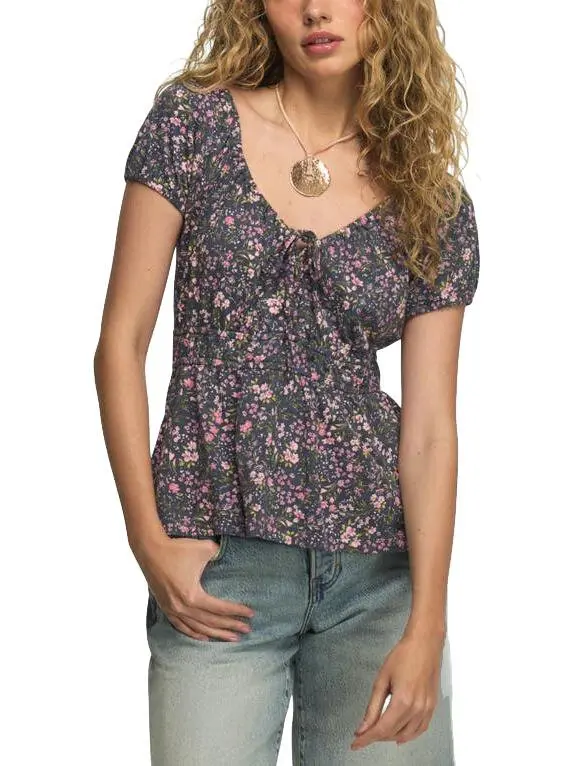 Lucky Brand Floral Cotton Peplum Top - Navy Floral