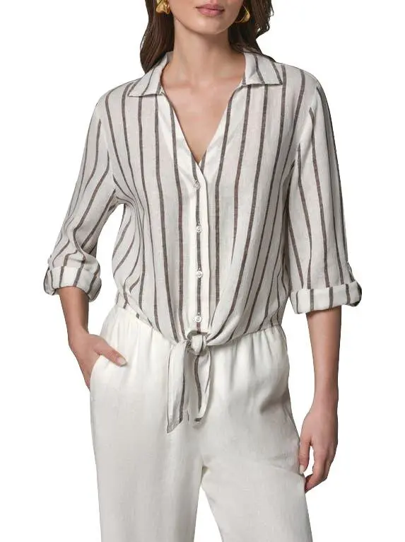 Donna Karan New York Yarn Dye Stripe Crop Linen Blend Button-up Shirt - Cream/cany