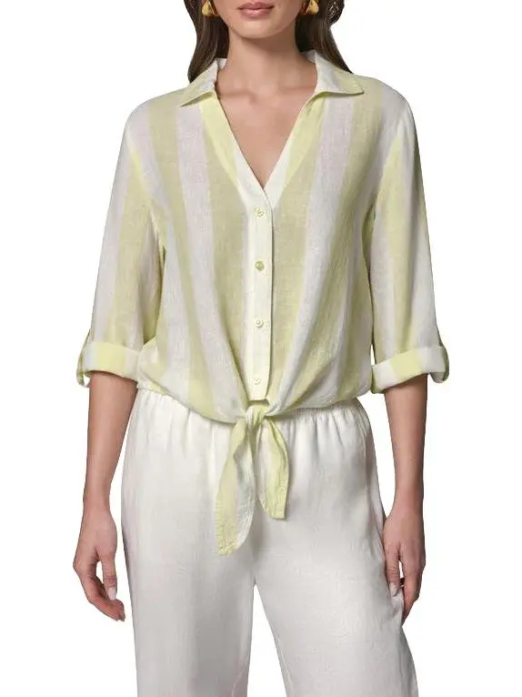 Donna Karan New York Yarn Dye Stripe Crop Linen Blend Button-up Shirt - Limoncel/c