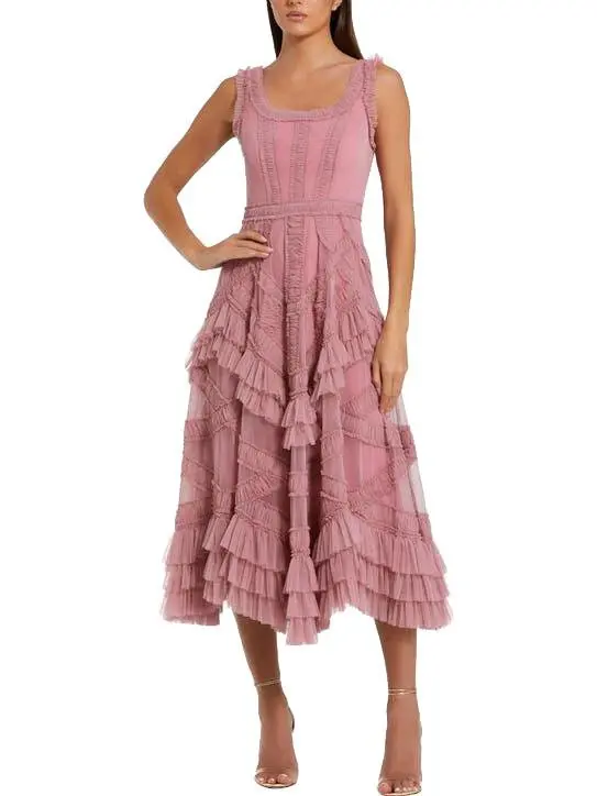 Mac Duggal Sleeveless Ruffle Midi Dress - Antique Rose