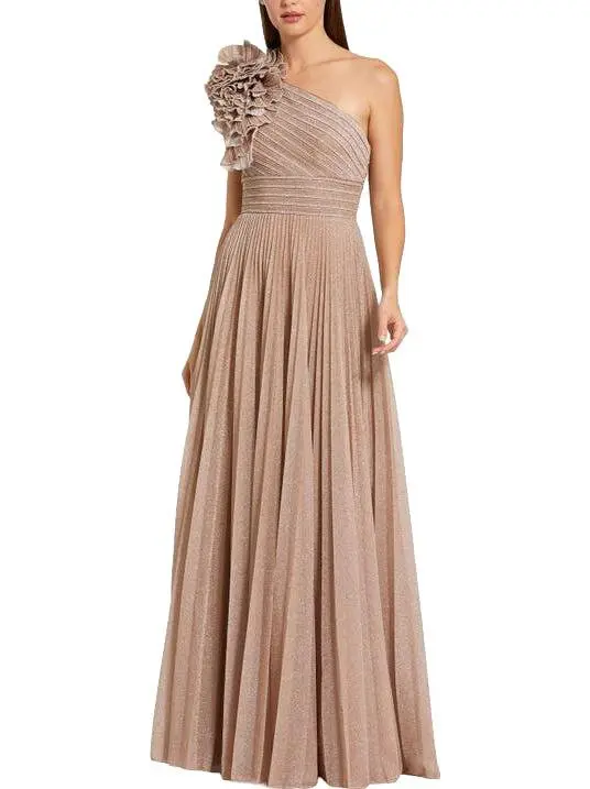 Mac Duggal Petite Pleated Metallic One Shoulder Gown With Ruffle Accent - Champagne