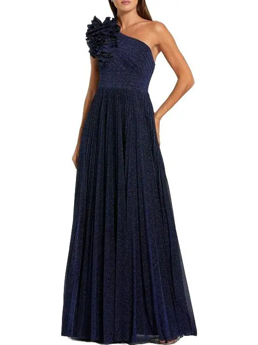 Mac Duggal Petite Pleated Metallic One Shoulder Gown With Ruffle Accent - Midnight