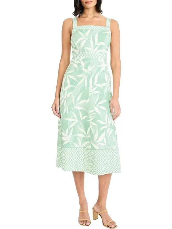 Maggy London Leaf Print Square Neck Midi Dress - Ivory/sage