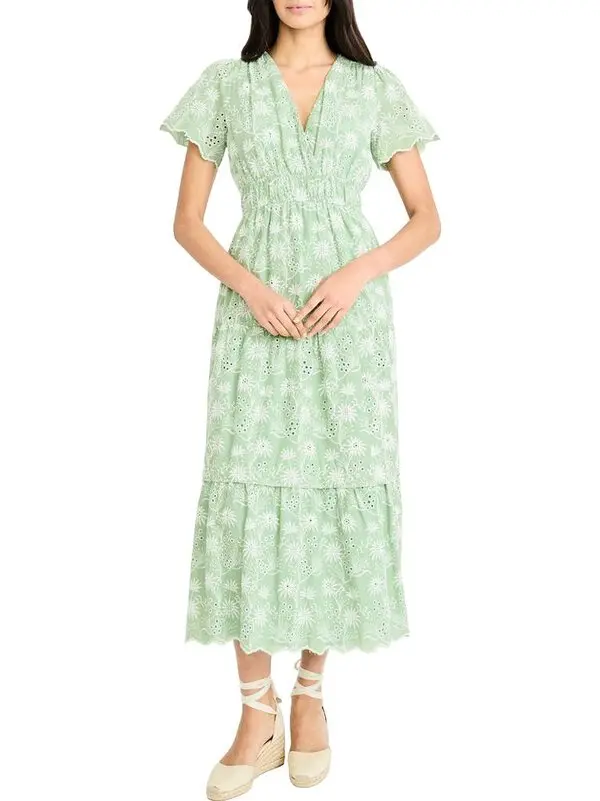 Maggy London Floral Embroidered V-neck Tiered Midi Dress - Fair Green/ivory