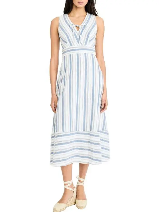 Maggy London Stripe V-neck Midi Dress - Ivory/blue/yellow