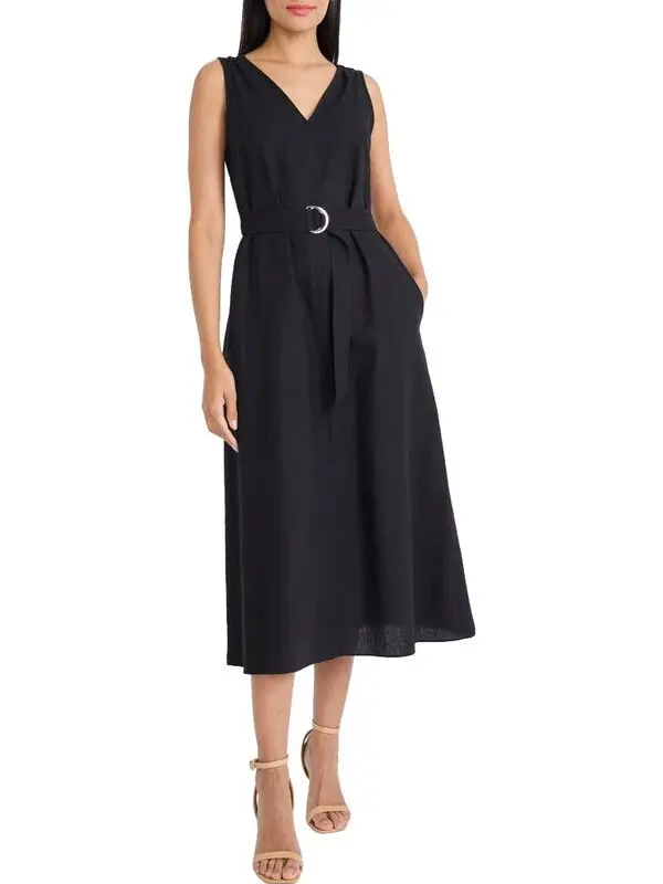 Maggy London Belted V-neck Midi Dress - Black
