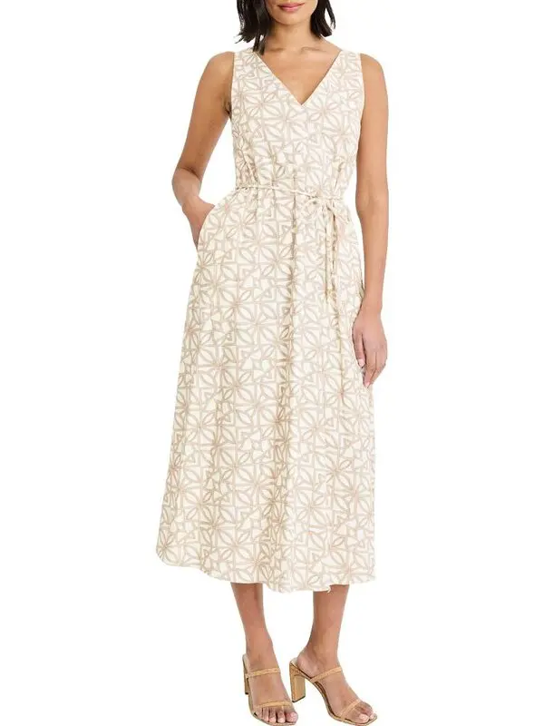Maggy London Printed Tie Waist Midi Dress - Ivory/light Brown