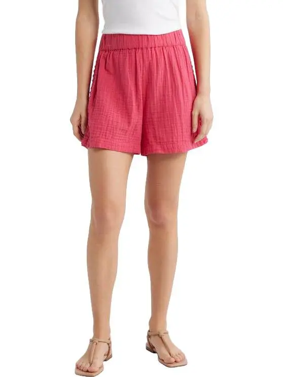 CITY BLUES Crochet Trim Cotton Gauze Shorts - Bright Rose