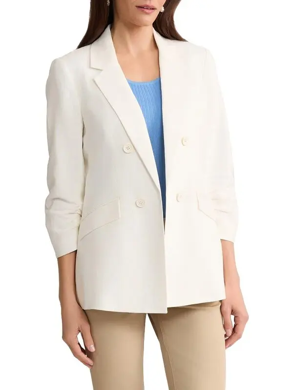 Jones New York Scrunch Sleeve Faux Double Breasted Linen Jacket - Natural White