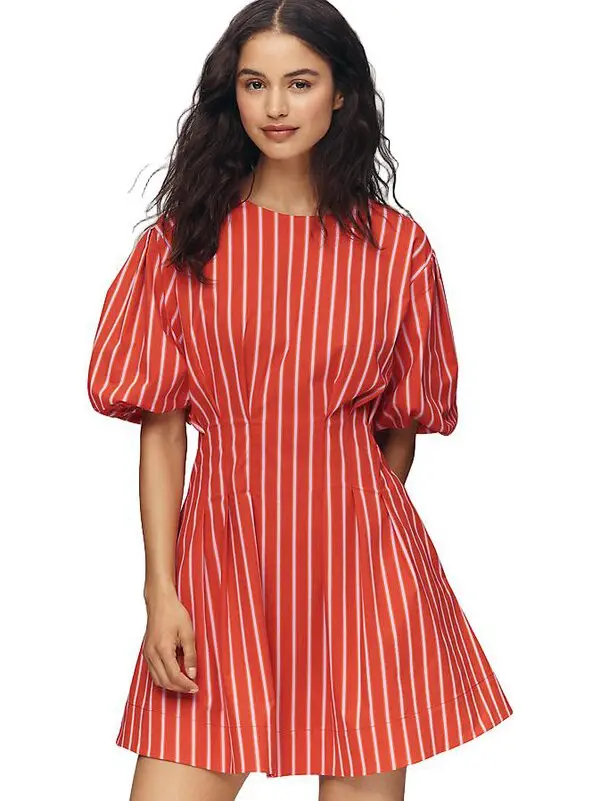 EXQUISE Puff-sleeve Mini Dress - Pink Stripe