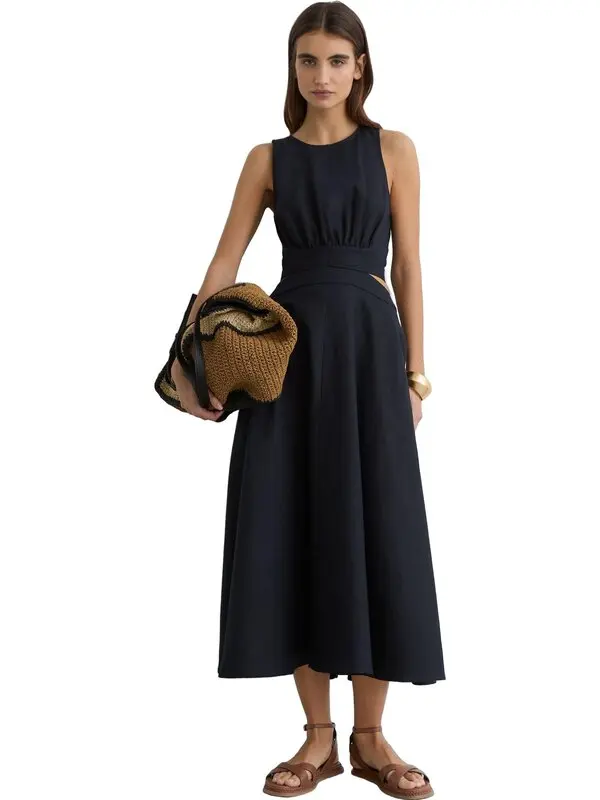 REISS Hazel Linen-cotton Cut-out Midi Dress - Navy