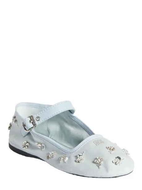 Miu Miu Crystal Embellished Canvas Mary Jane Ballet Flat - Blue