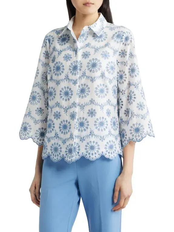 Anne Klein Embroidered Eyelet Button-up Shirt - Crisp White/lagoon