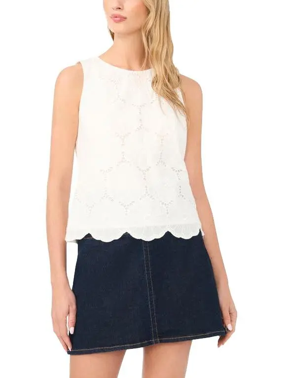 Vince Camuto Floral Embroidered Sleeveless Cotton Top - Ultra White
