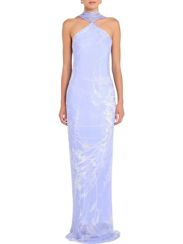 Amanda Uprichard Ashton Halter Scarf Neck Column Gown - English Lavender