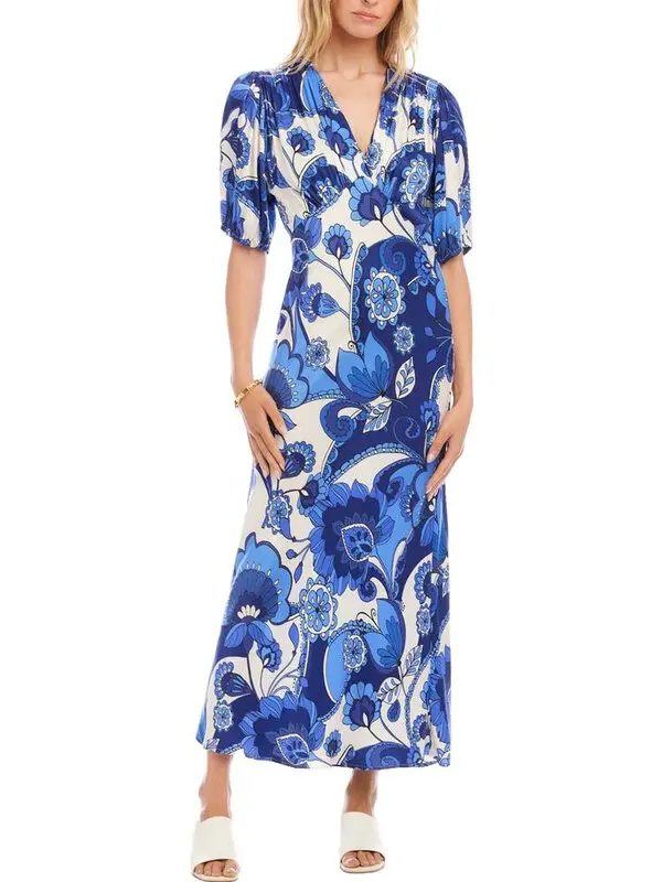 Karen Kane Floral Puff Sleeve Bias Maxi Dress - Blue Print