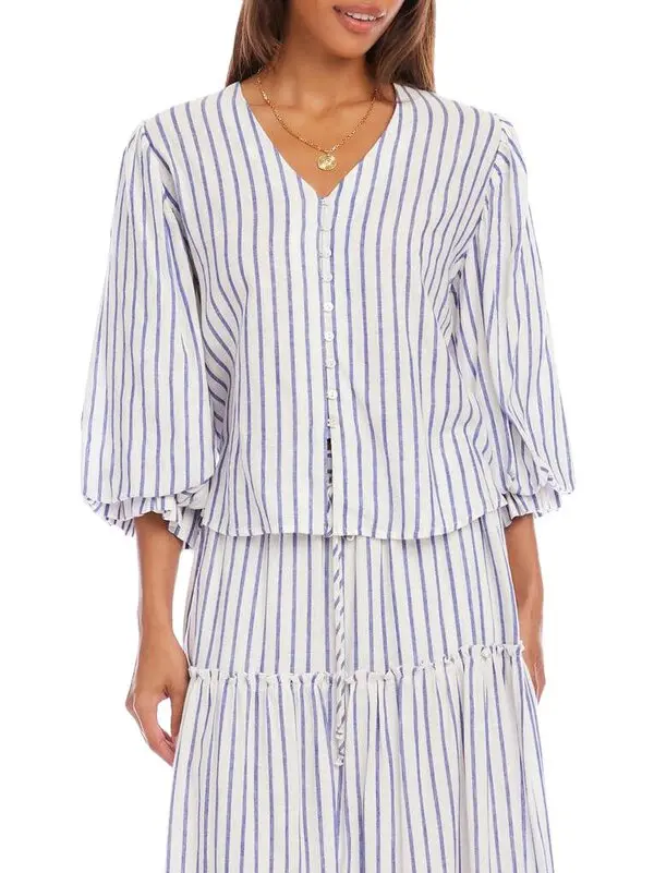 Karen Kane Stripe Linen Blend Shirt - Blue/white