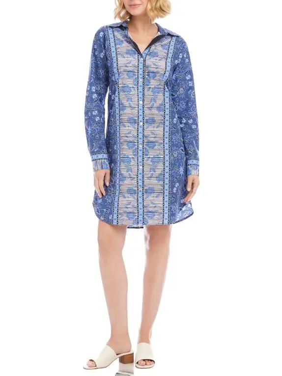 Karen Kane Floral Print Long Sleeve Shirtdress - Blue