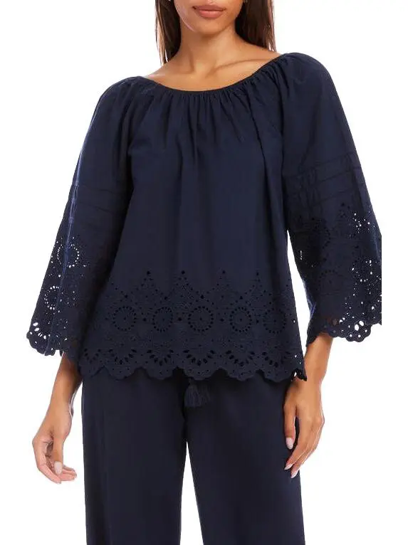 Karen Kane Eyelet Embroidery Peasant Top - Navy