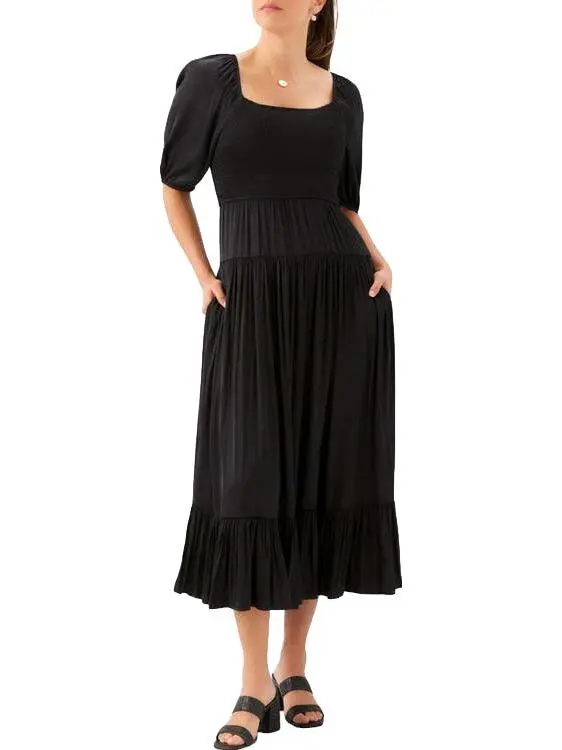 Karen Kane Smocked Balloon Sleeve Maxi Dress - Black