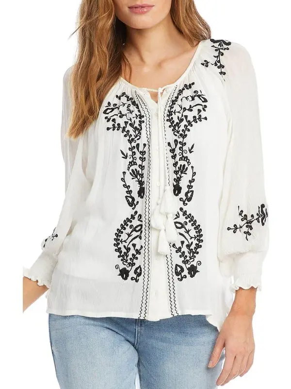 Karen Kane Embroidered Tie Neck Button-up Peasant Top - White