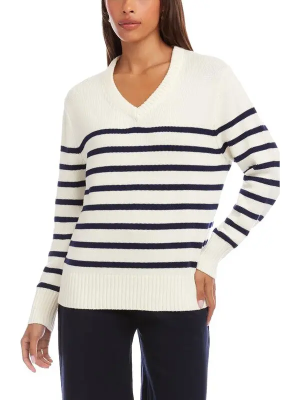 Karen Kane Stripe V-neck Sweater - White/navy