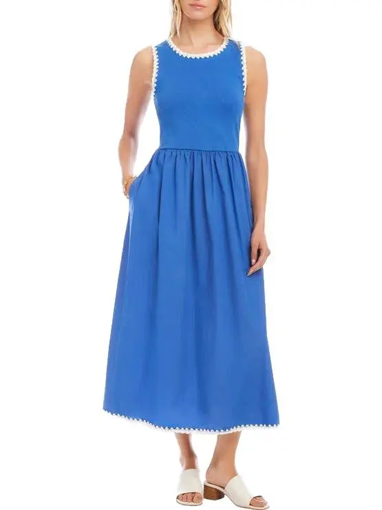 Karen Kane Edge Stitch Mixed Media Midi Dress - Blue