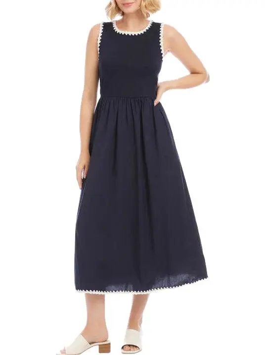 Karen Kane Edge Stitch Mixed Media Midi Dress - Navy