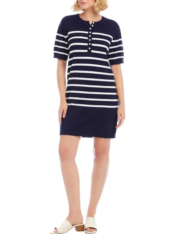 Karen Kane Henley Knit Striped Dress - Navy
