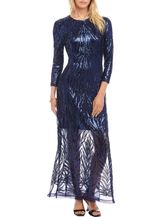 Karen Kane Sequin Long-sleeve Gown - Navy