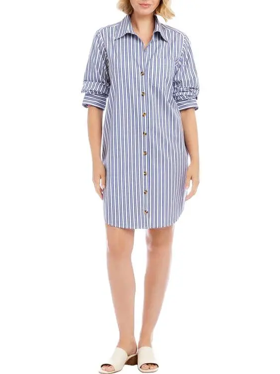 Karen Kane Ruched Sleeve Stripe Shirtdress - Blue/white