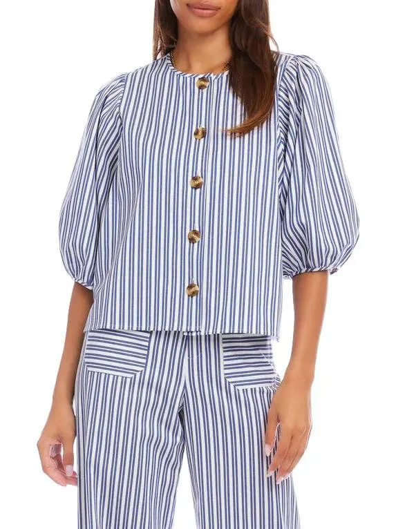 Karen Kane Puff Sleeve Button-up Shirt - Blue/white