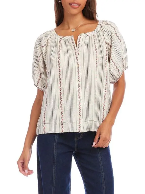 Karen Kane Stripe & Embroidery Peasant Top - Natural