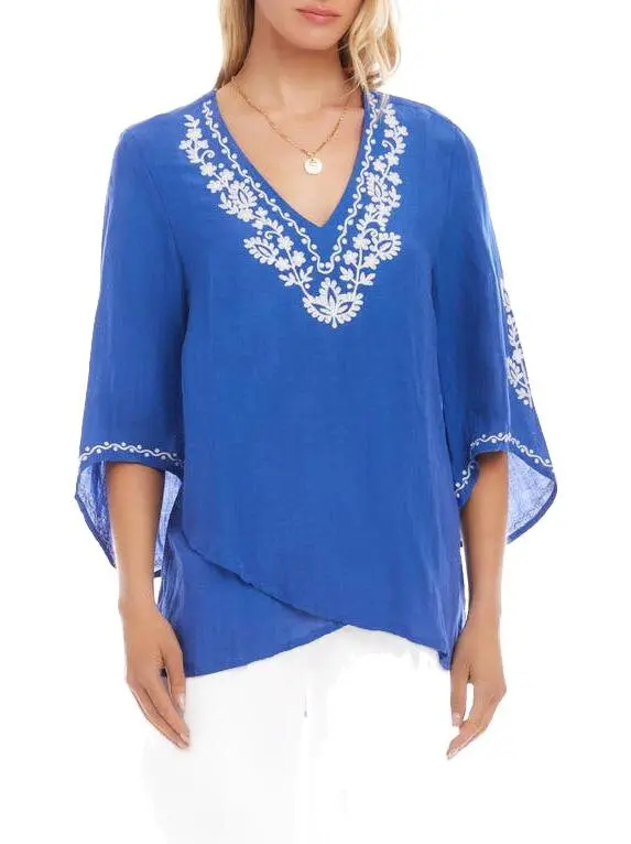Karen Kane Embroidered Asymmetric Hem Linen Blend Top - Blue