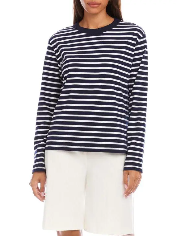Karen Kane Stripe Crewneck Long Sleeve Top - Navy/white