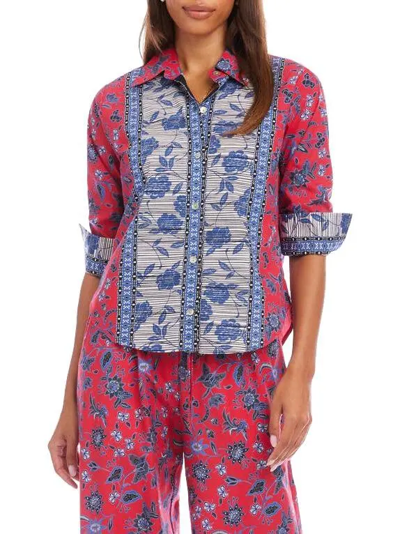 Karen Kane Floral Cotton Button-up Shirt - Red