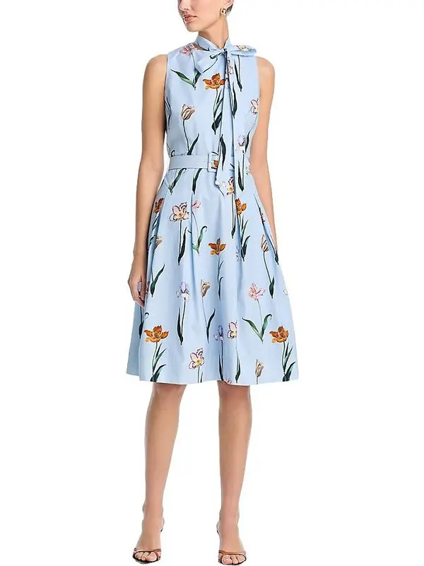 Rickie Freeman For Teri Jon Cotton Print Tie Neck Dress - Light Blue Multi
