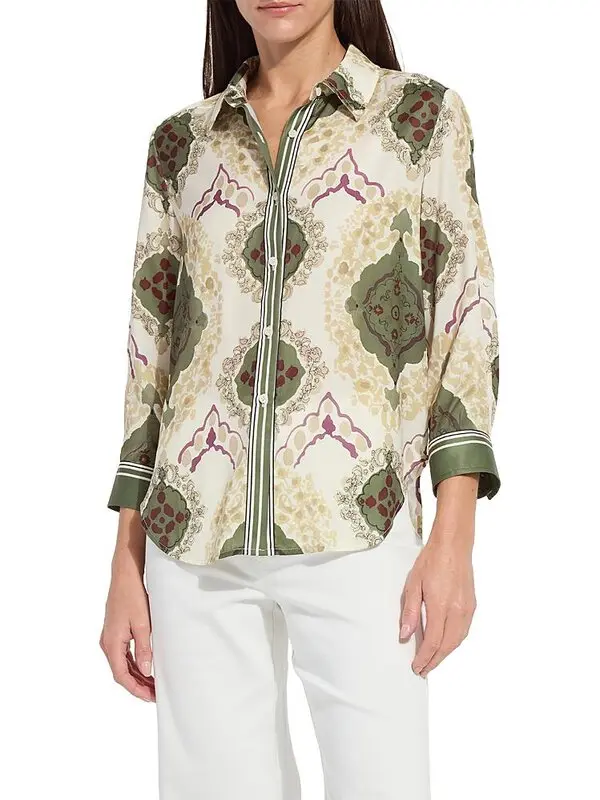 Lyssé Ishani Roll Tab Printed Shirt - Placed Artful Scarf